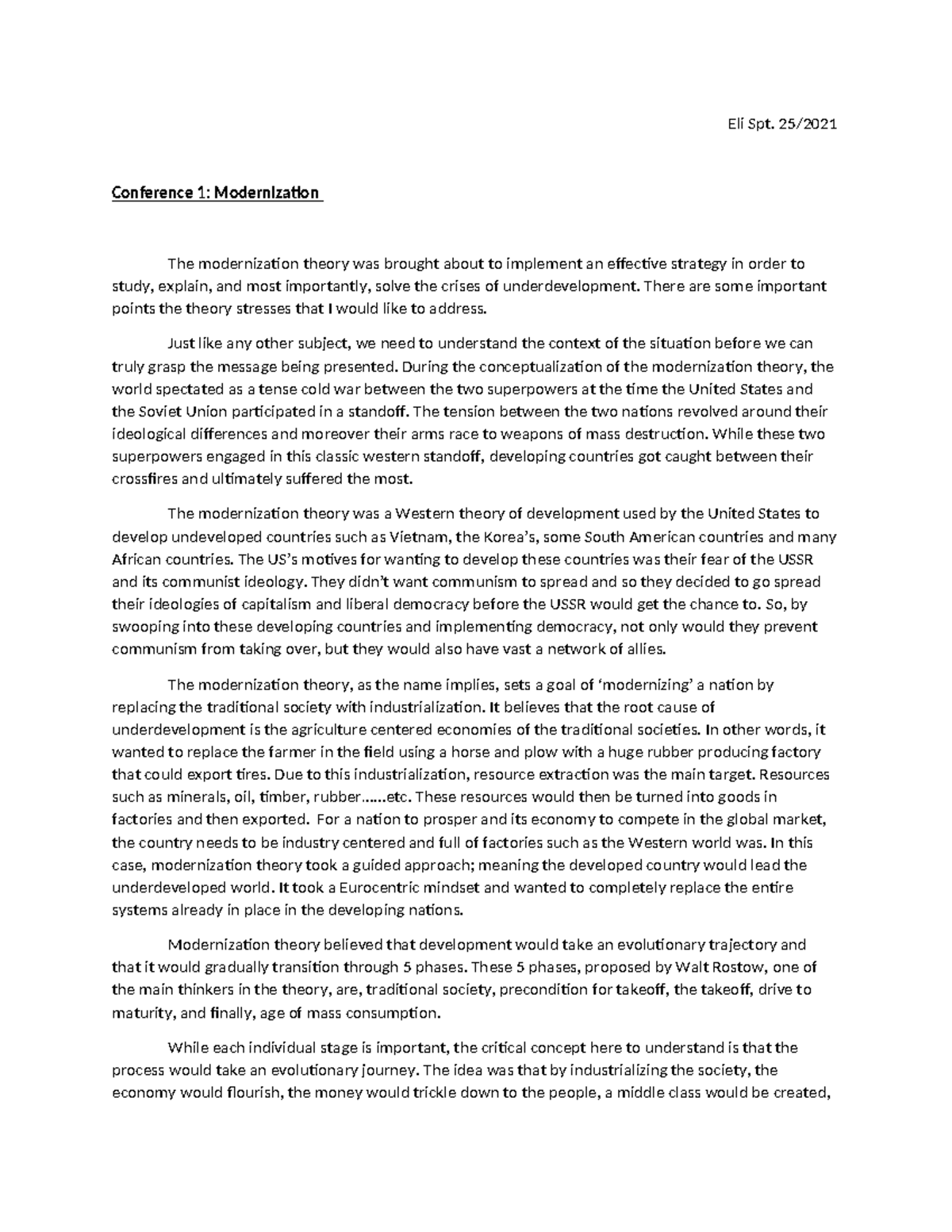 INTD 200 Conference 1 Submission: Analyzing Modernization Theory - Studocu