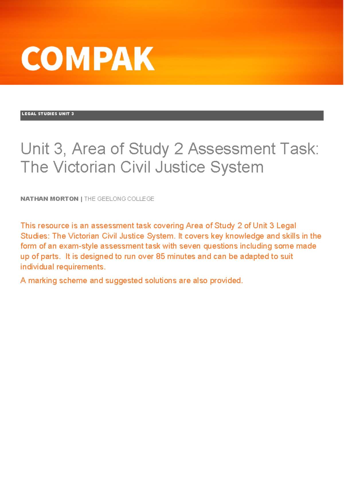 Legal Studies Unit 3 U302 Assessment Task: The Victorian Civil Justice ...