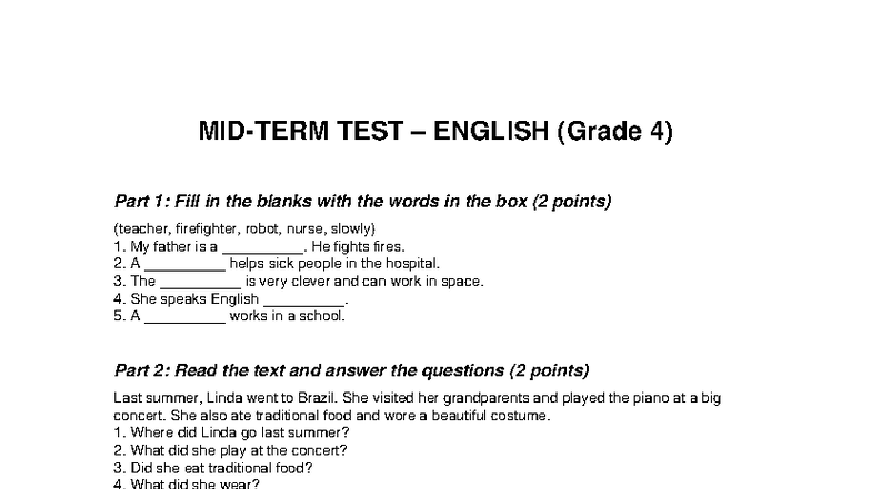 English Test Grade 4: Fill in the Blanks & Questions - Studocu
