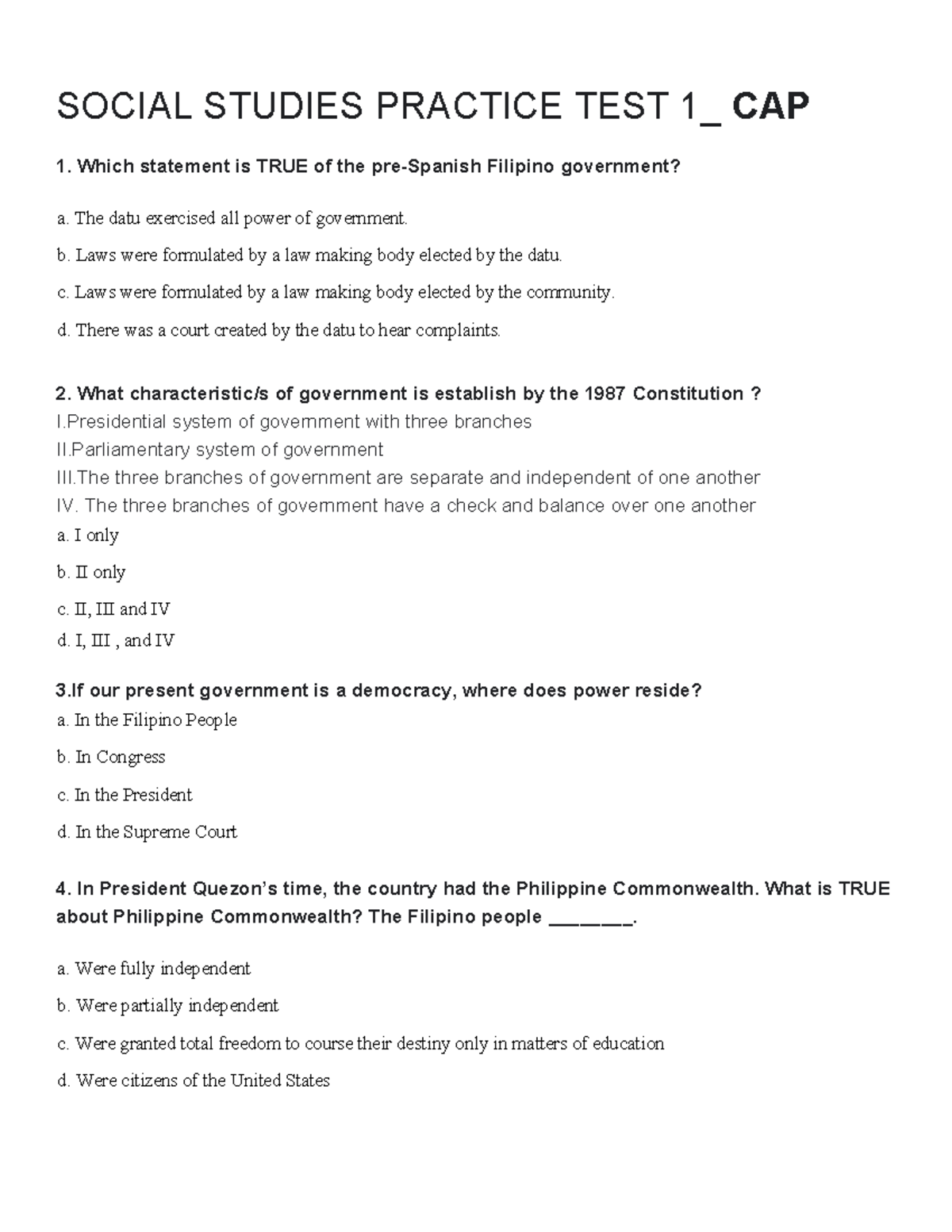 Social Studies Practice TEST 1 - SOCIAL STUDIES PRACTICE TEST 1_ CAP 1 ...