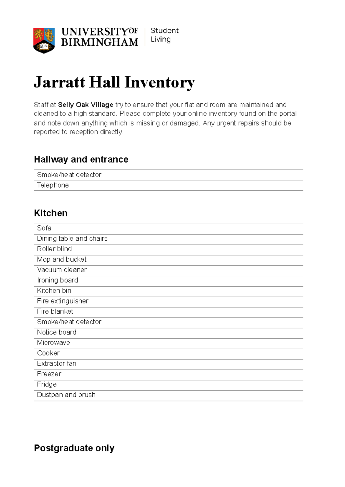 Jarratt Hall Inventory Checklist for Selly Oak Village Residents - Studocu
