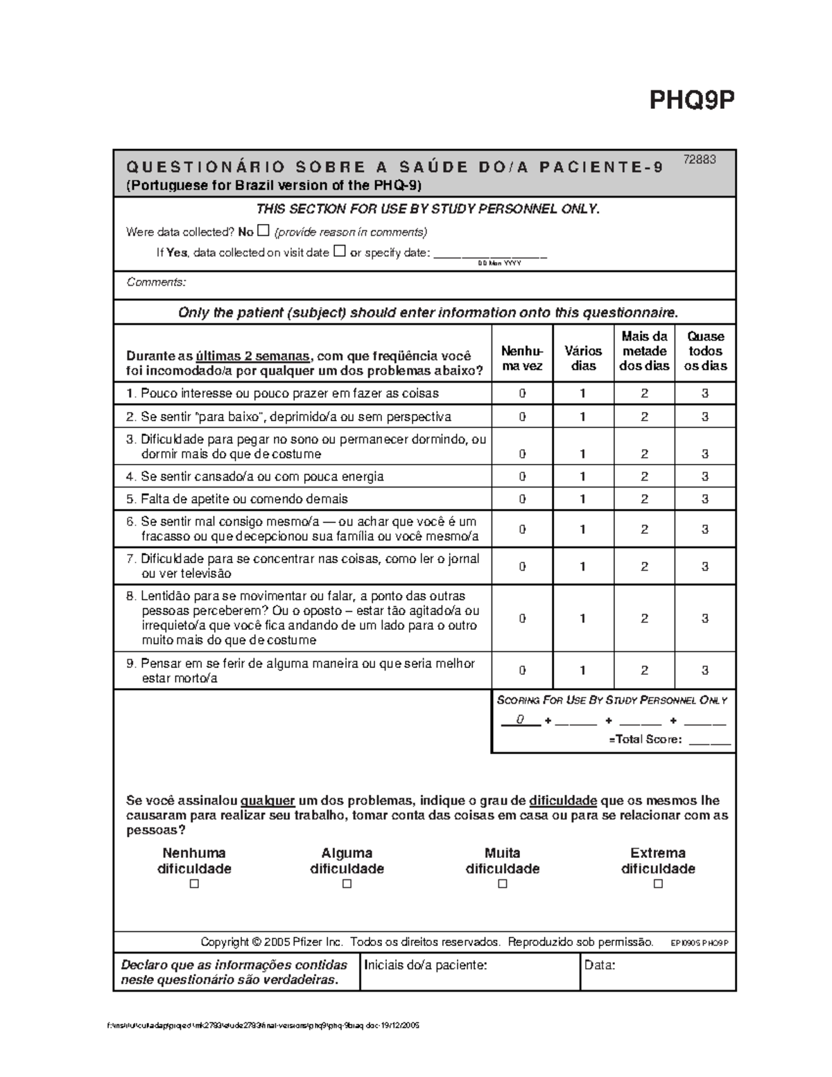 PHQ-9 - Questionário de Rastreio de Depressão (Versão Brasileira) - Studocu