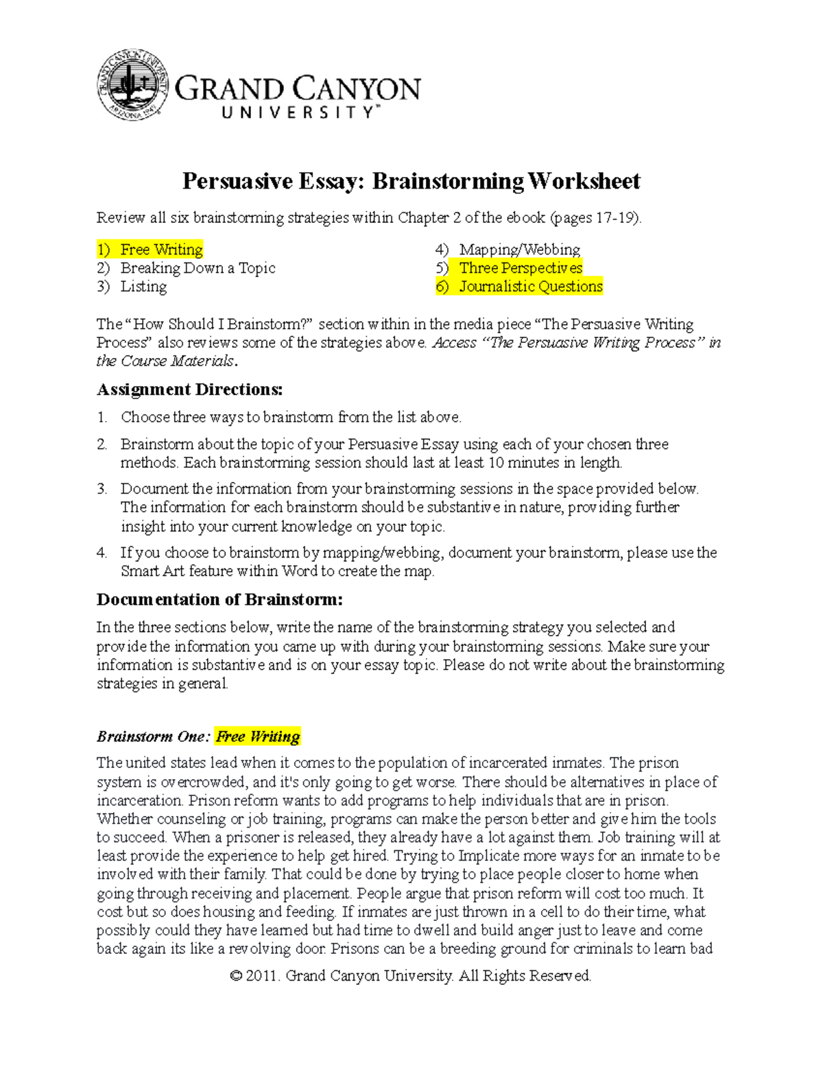 Brainstorming Worksheet for Persuasive Essay - Persuasive Essay ...