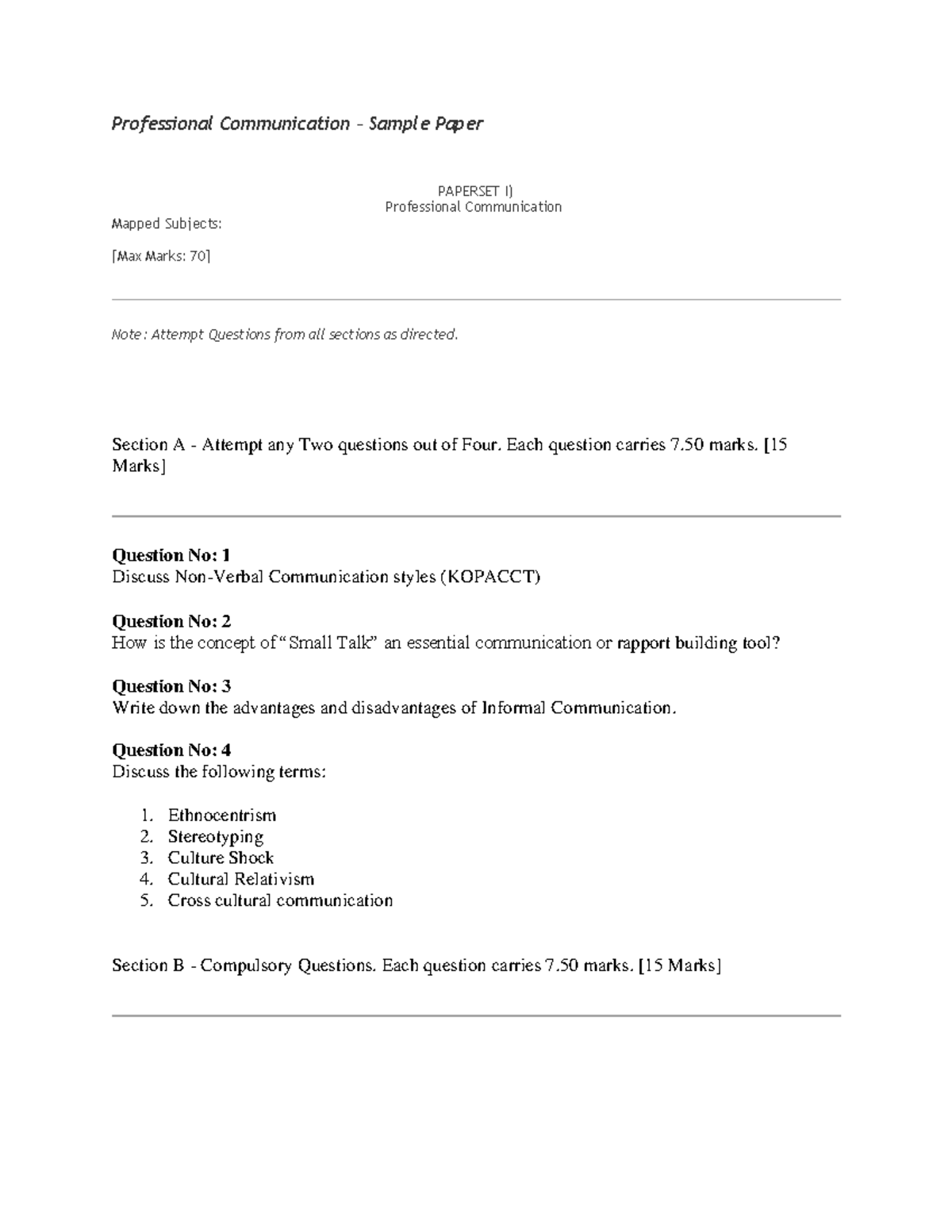 Professional Communication (QP) - Sample Paper with Marking Scheme ...