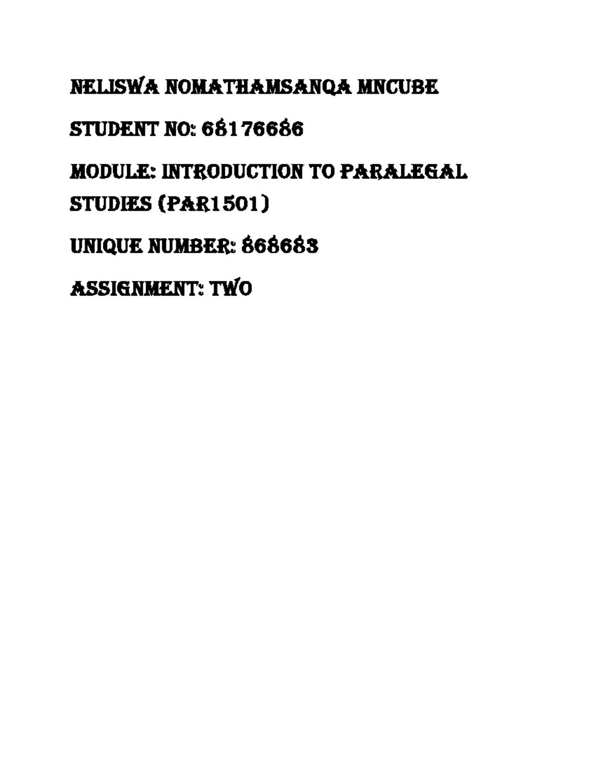 PAR1501 ASS2 - NELISWA NOMATHAMSANQA MNCUBE STUDENT NO: 68176686 MODULE ...