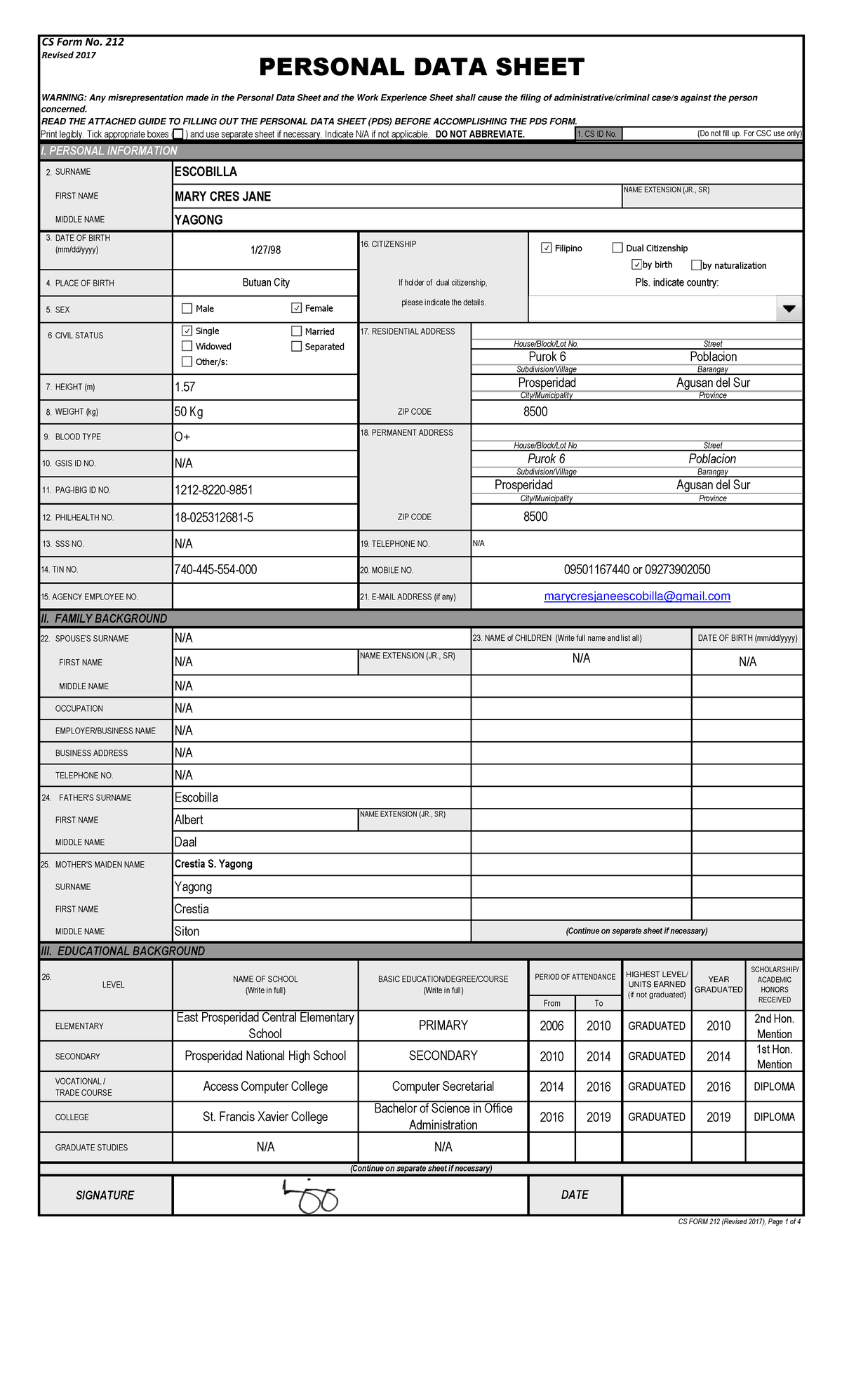PDS Form D Personal Data Sheet Instructions And Sample Completion