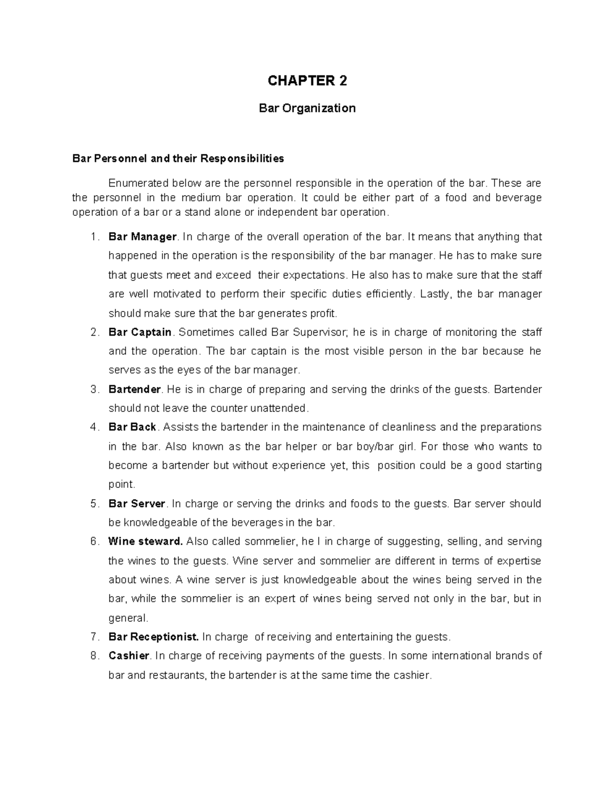 Module 2: Bar Organization & Personnel Responsibilities in Bar Ops ...