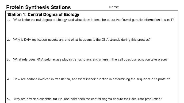 Protein Synthesis Review Stations Handout (BIO 101) - Studocu