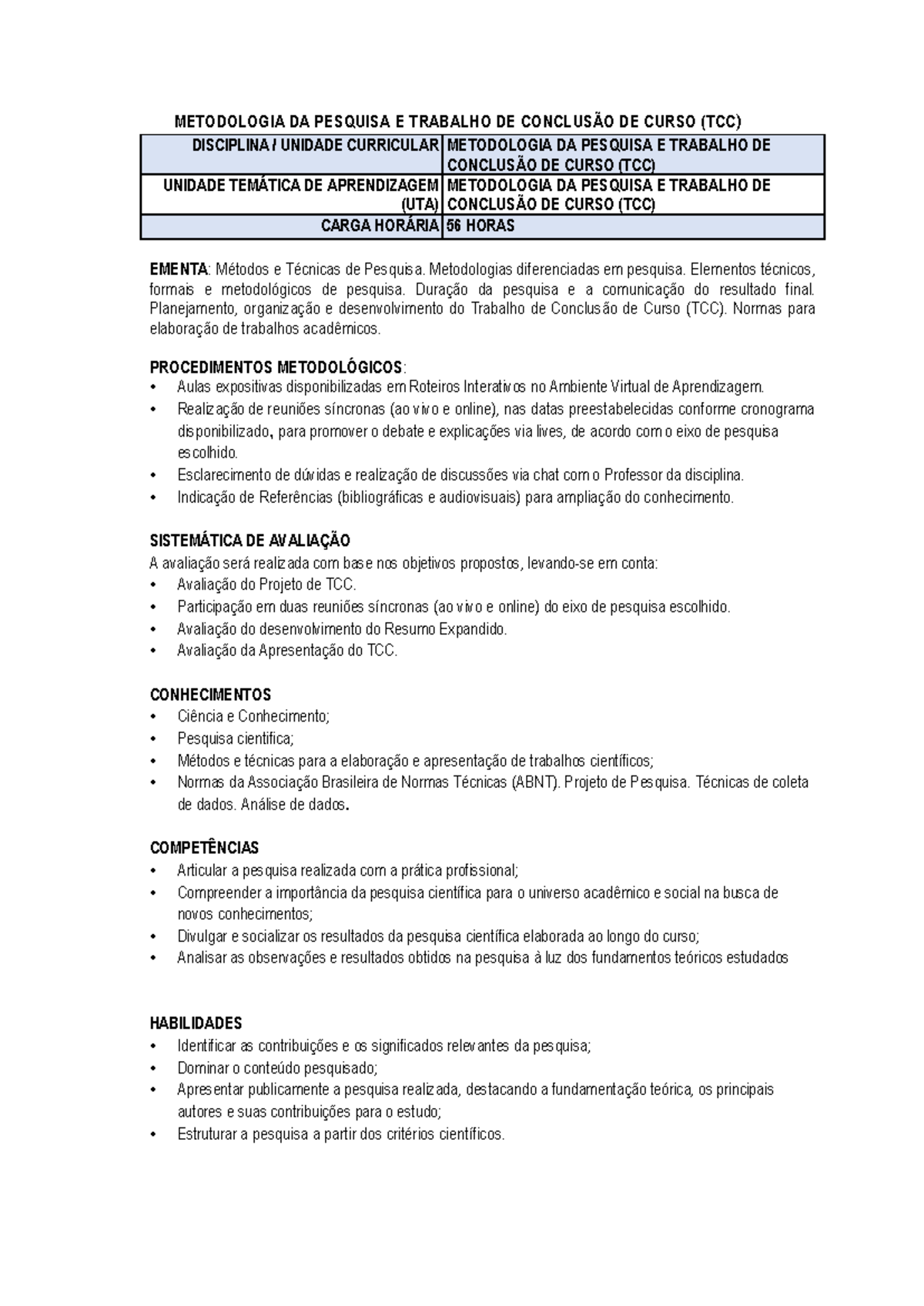 Plano de Ensino: Metodologia da Pesquisa e TCC (TCC) - Studocu