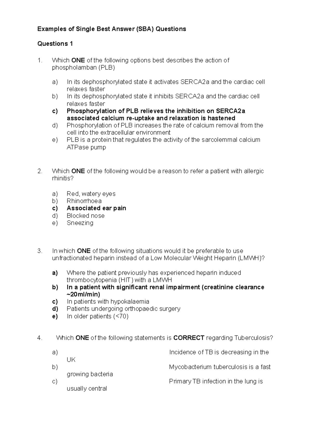 Examples of Single Best Answer (SBA) Questions - Studocu