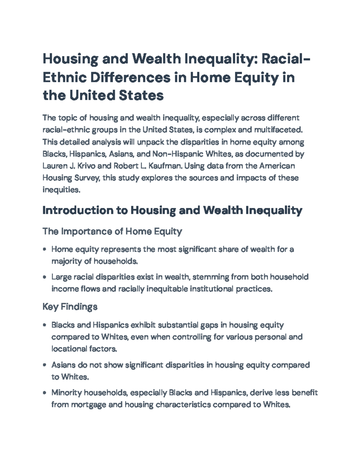 Housing and Wealth Inequality: Racial-Ethnic Differences in Home Equity ...