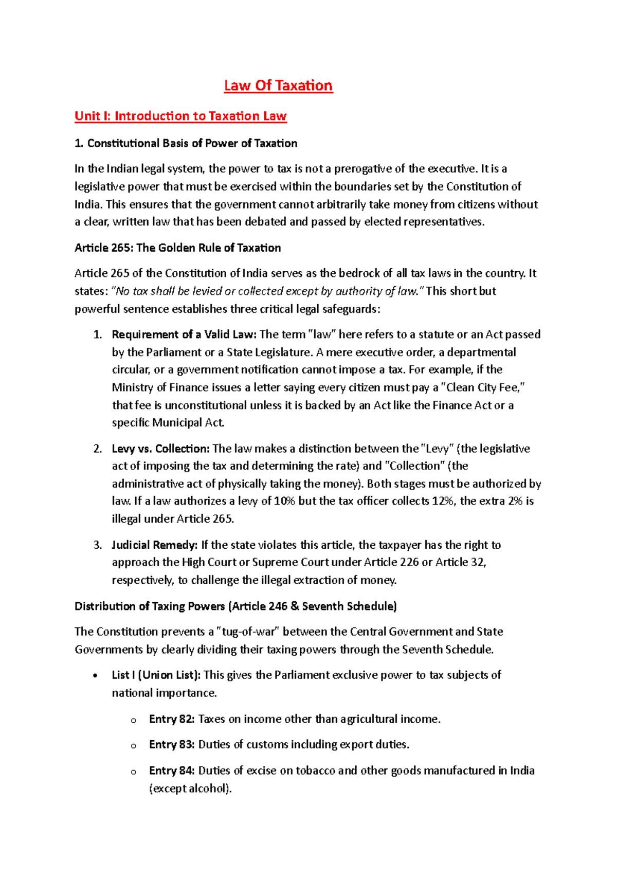Taxation Law Unit I: Introduction to Taxation Law in India - Studocu