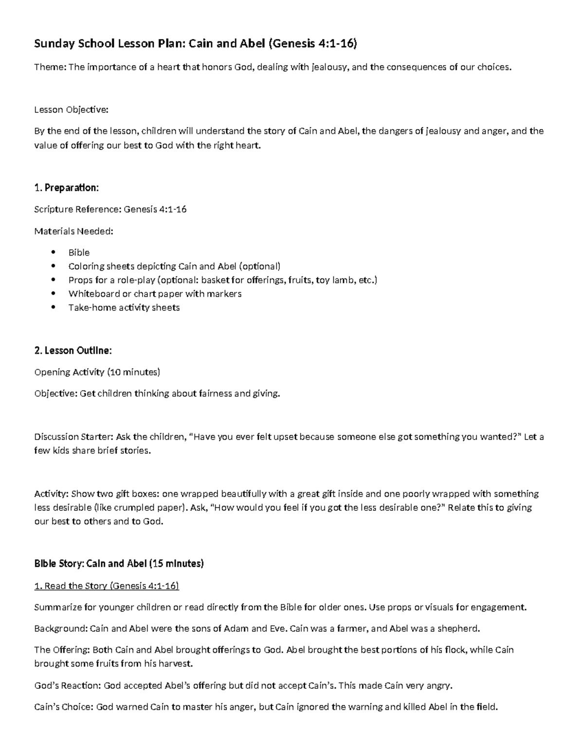 Sunday School Lesson Plan: Cain and Abel (Gen 4:1-16) - Studocu