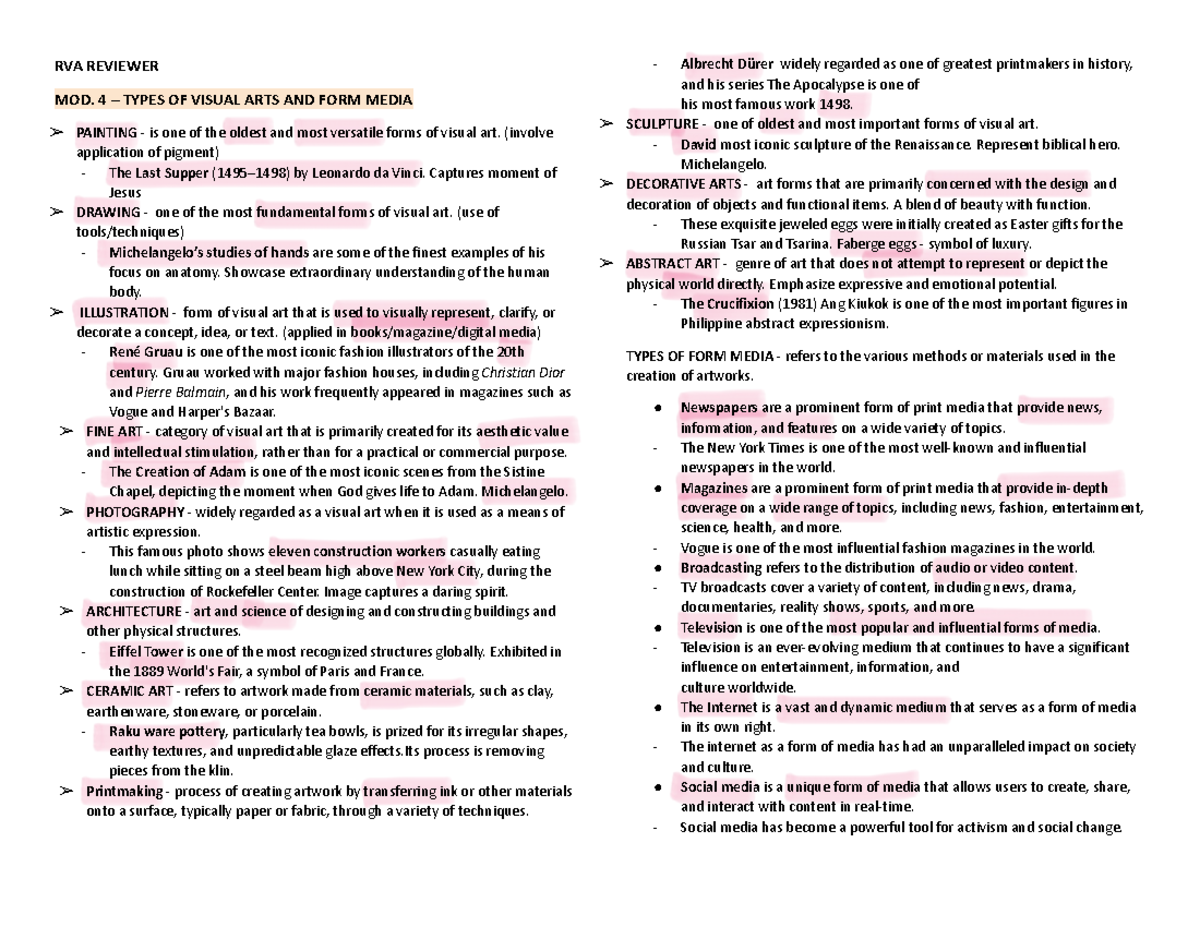 RVA- Reviewer-2 - Reviewer - RVA REVIEWER MOD. 4 – TYPES OF VISUAL ARTS ...