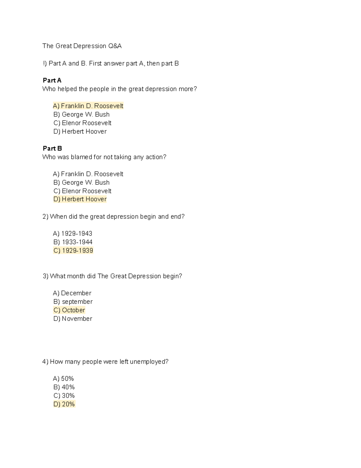 The Great Depression Quiz and Answers - Studocu