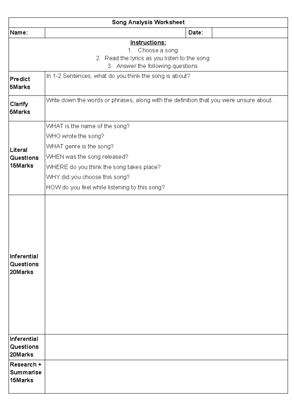 Song Analysis Worksheet - Overview and Marking Guide - Studocu
