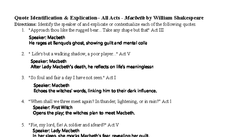 Quote Identification - Macbeth (All Acts) Analysis - Studocu
