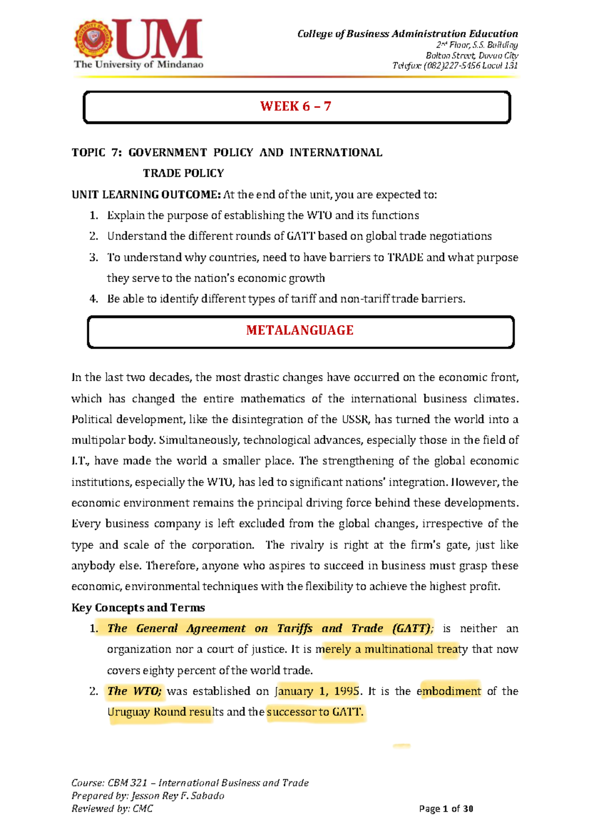 CBM 321 International Business & Trade: Week 6 - Gov. Policy & Trade ...