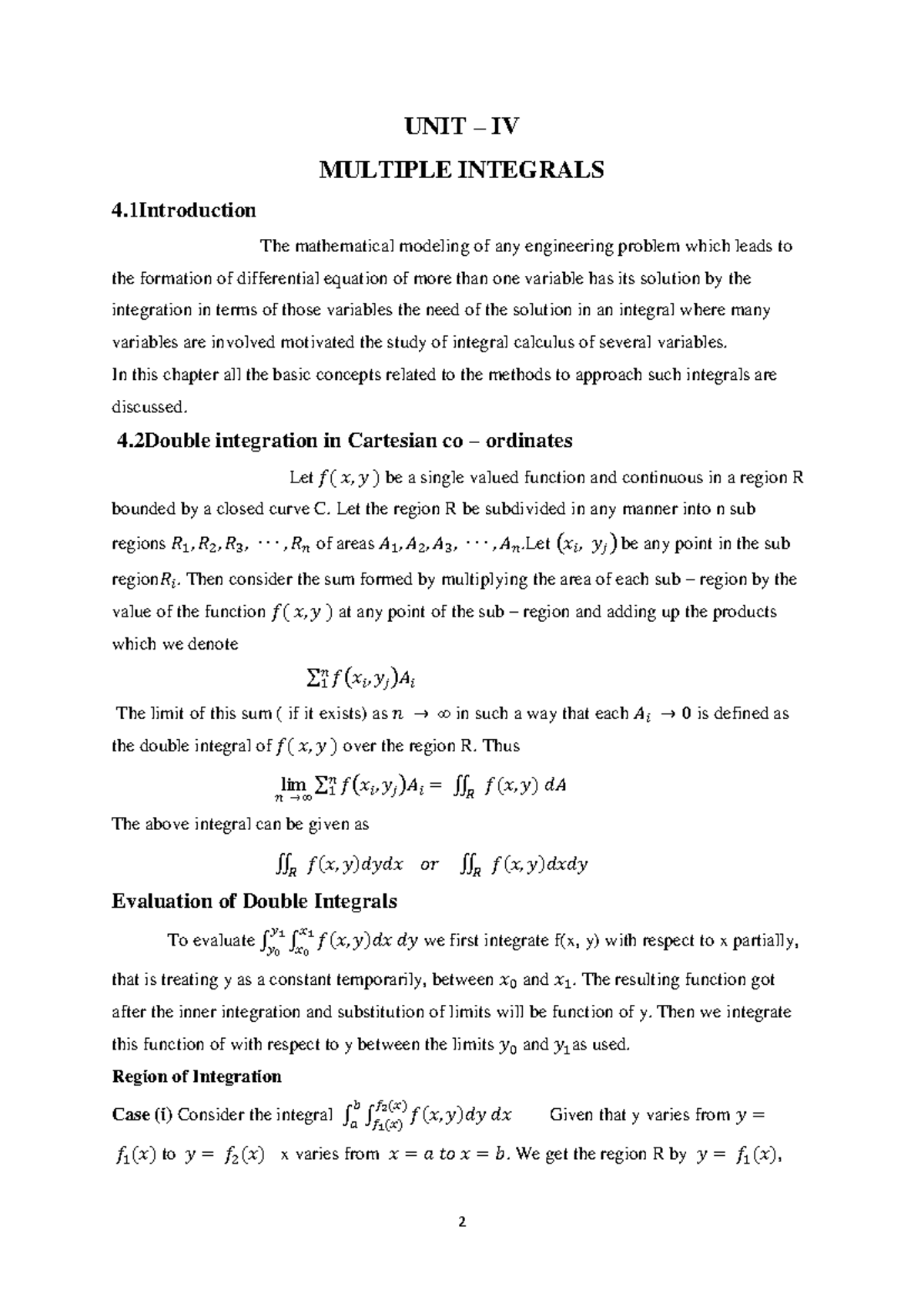 Unit IV: Multiple Integrals - Concepts and Evaluations - Studocu