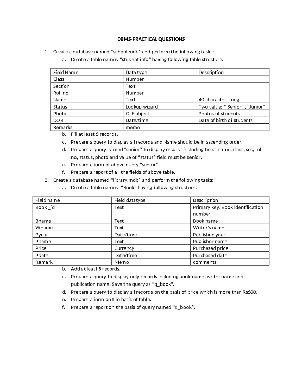 149032367 MS Access Practical DB Tasks and Questions - Studocu