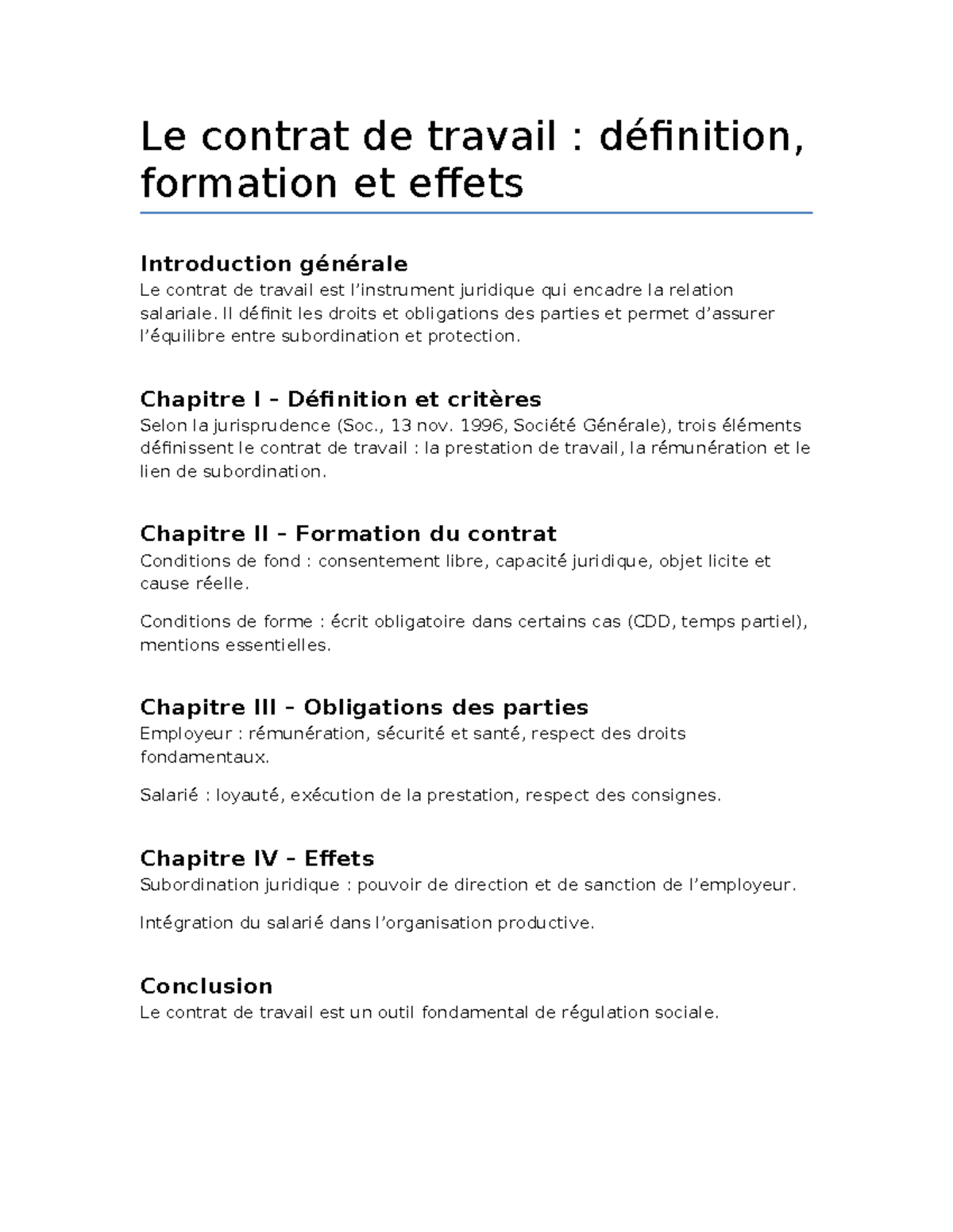 Contrat de Travail : Définition, Formation et Effets - Résumé - Studocu