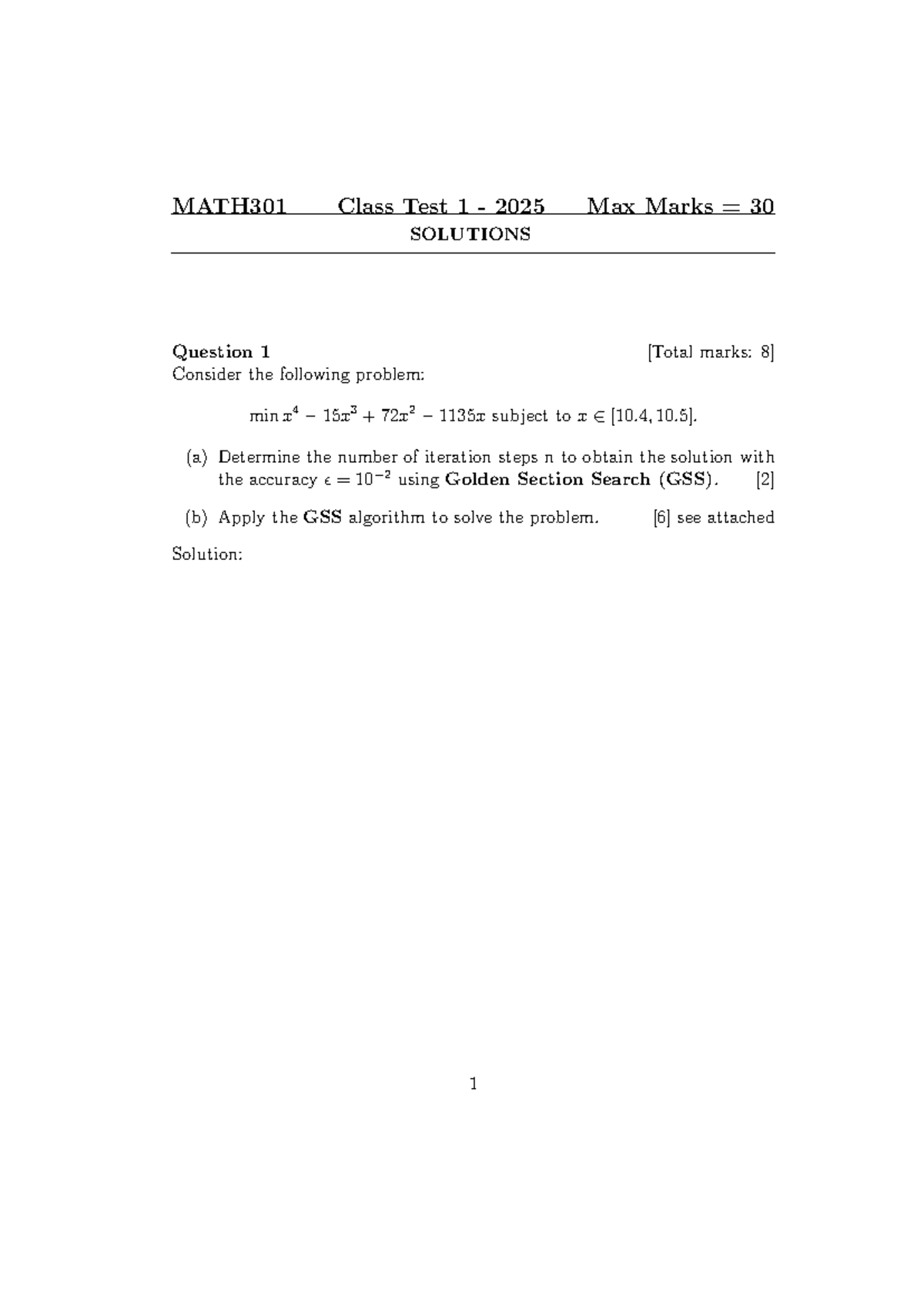 MATH301 Class Test 1 Solutions - Golden Section Search & Optimization ...