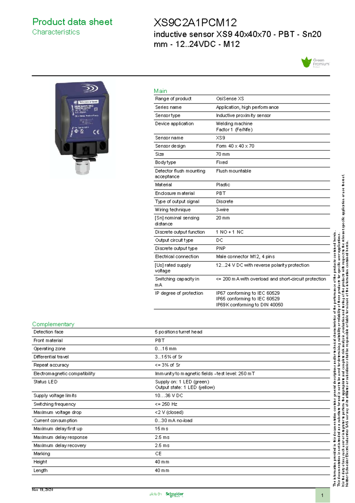 Product Data Sheet: XS9C2A1PCM12 Inductive Sensor Specifications - Studocu