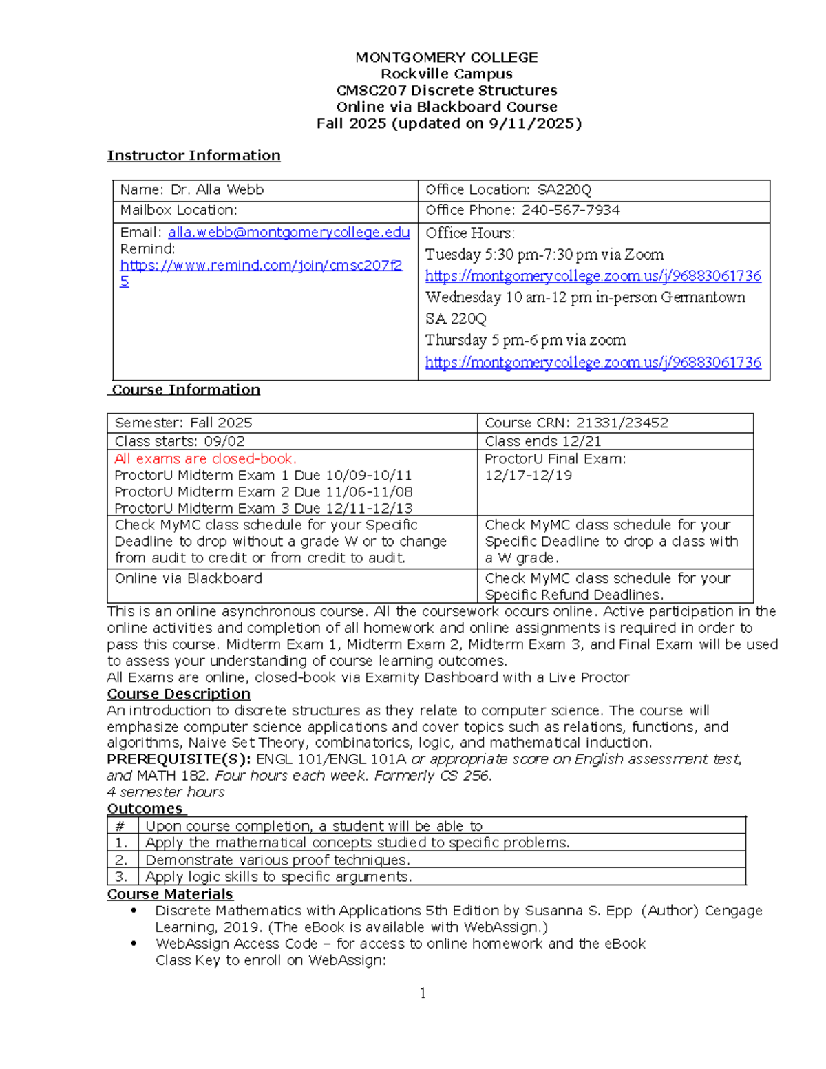 CMSC207 Discrete Structures Syllabus - Fall 2025 (Dr. Webb) - Studocu