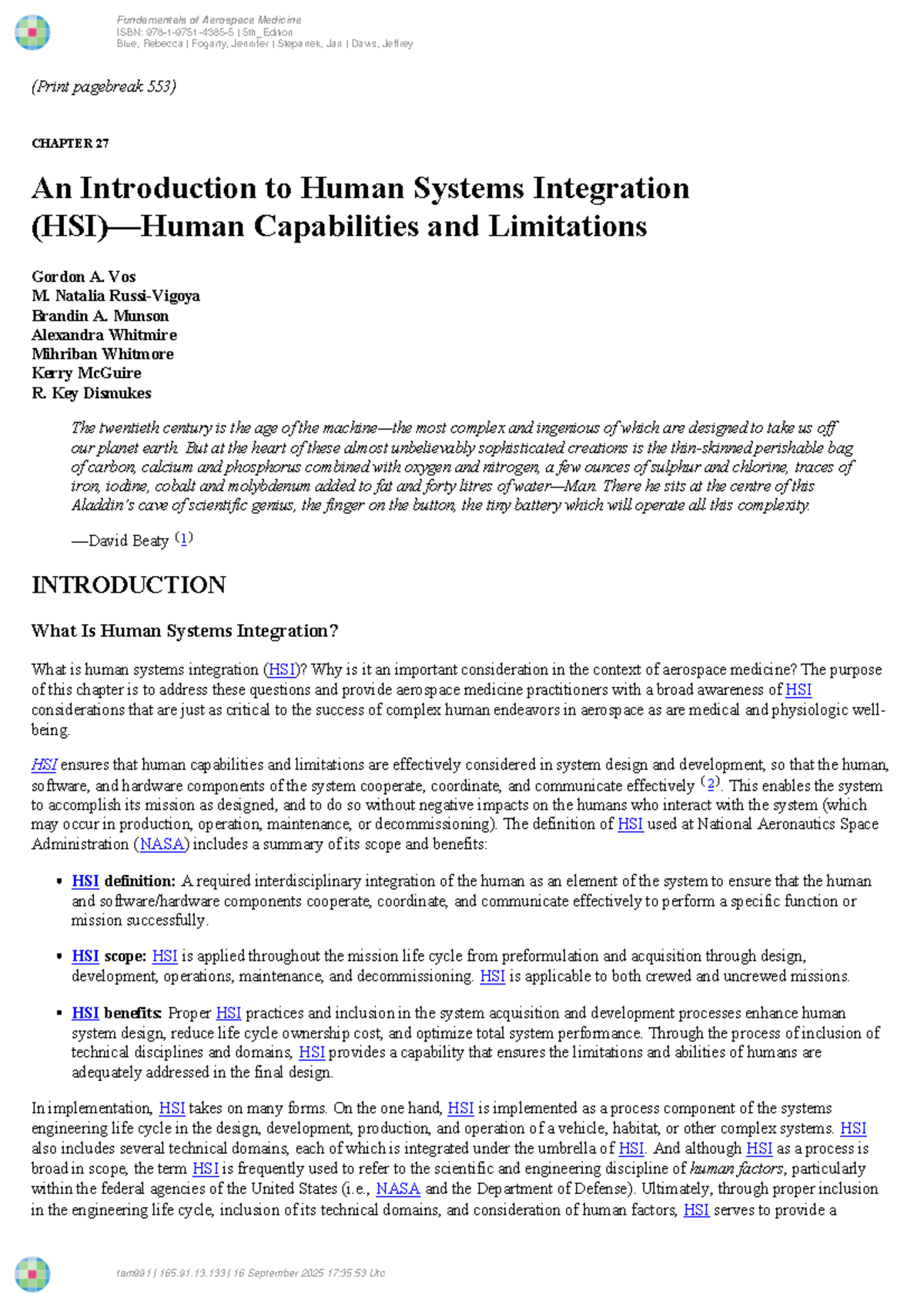 Fundamentals of Aerospace Medicine: Chapter 27 - Human Systems ...