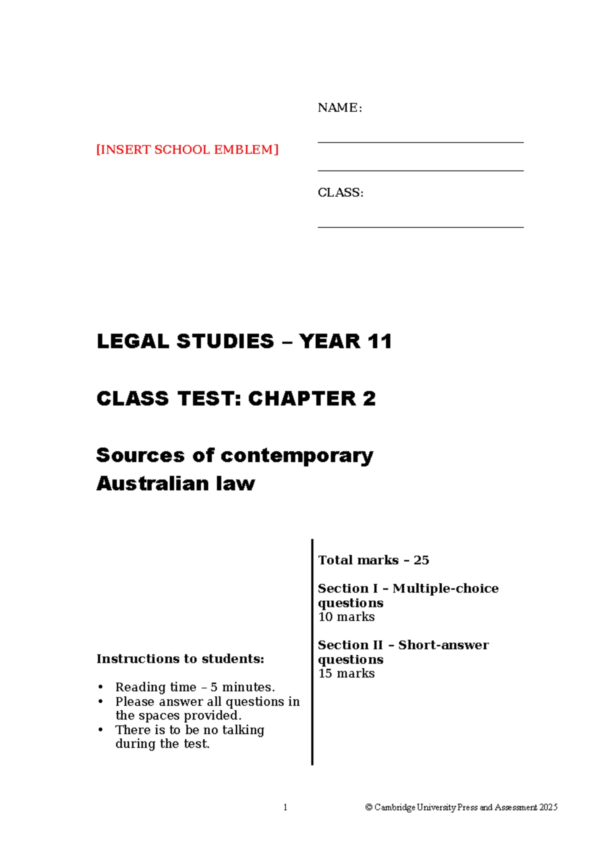 Legal Studies Year 11 Class Test: Chapter 1 Concepts & Ethics - Studocu