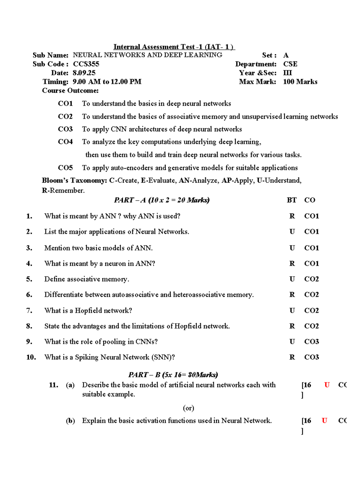 Internal Assessment Test 1: Neural Networks & Deep Learning (CCS355 ...