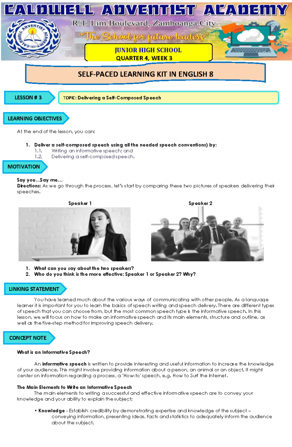 English 8 - Lesson 3: Mastering Self-Composed Speech Delivery - Studocu