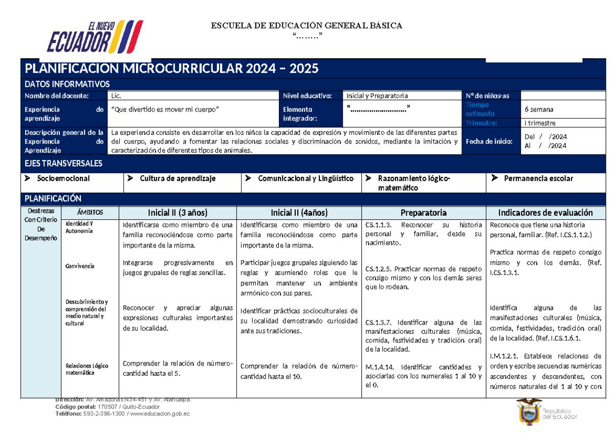 Planificación Microcurricular Inicial y Preparatoria - Semana 6 2024-2025 - Studocu