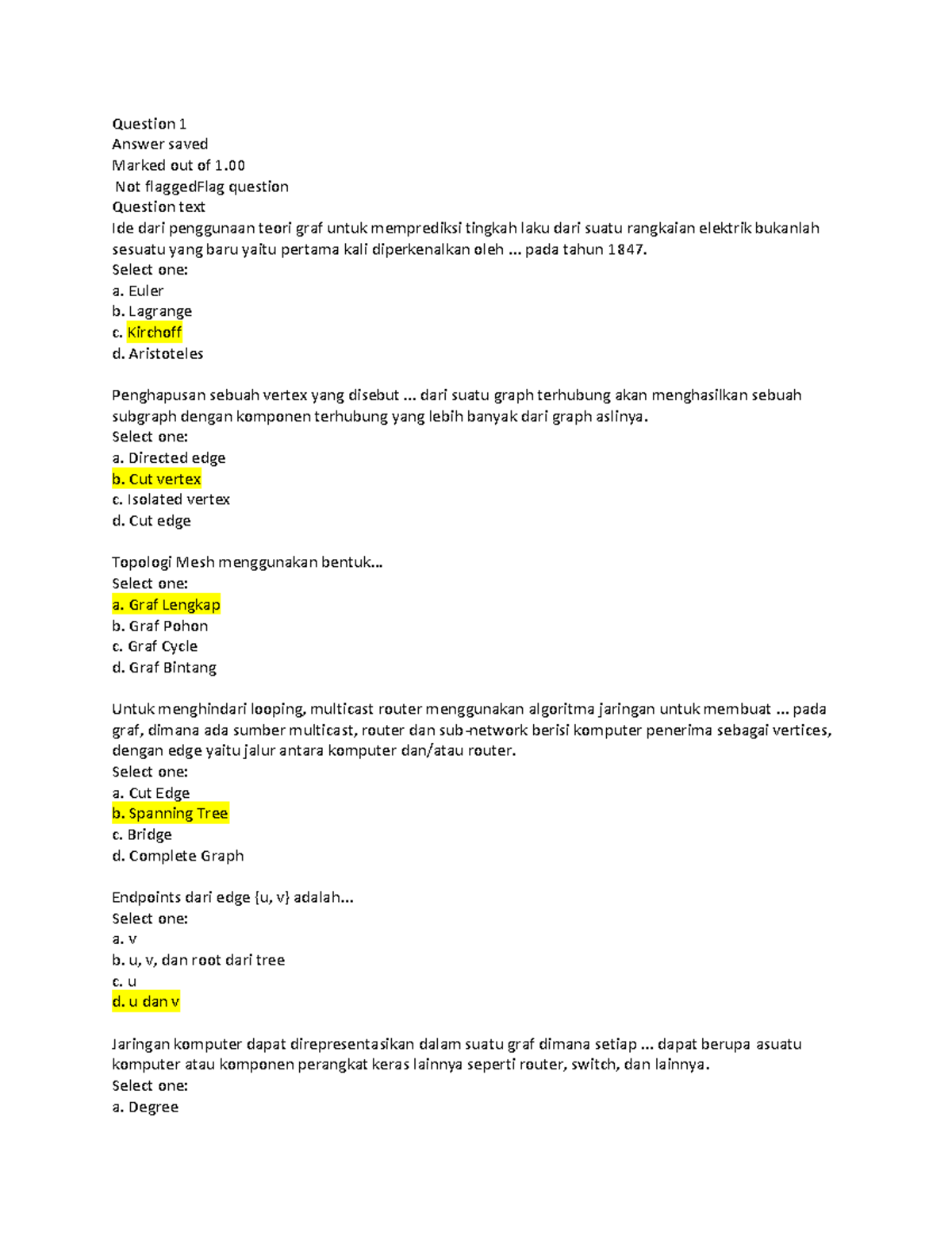 Kuis M1: Pendahuluan Teori Graf (TT-3FTI) - Soal dan Jawaban - Studocu
