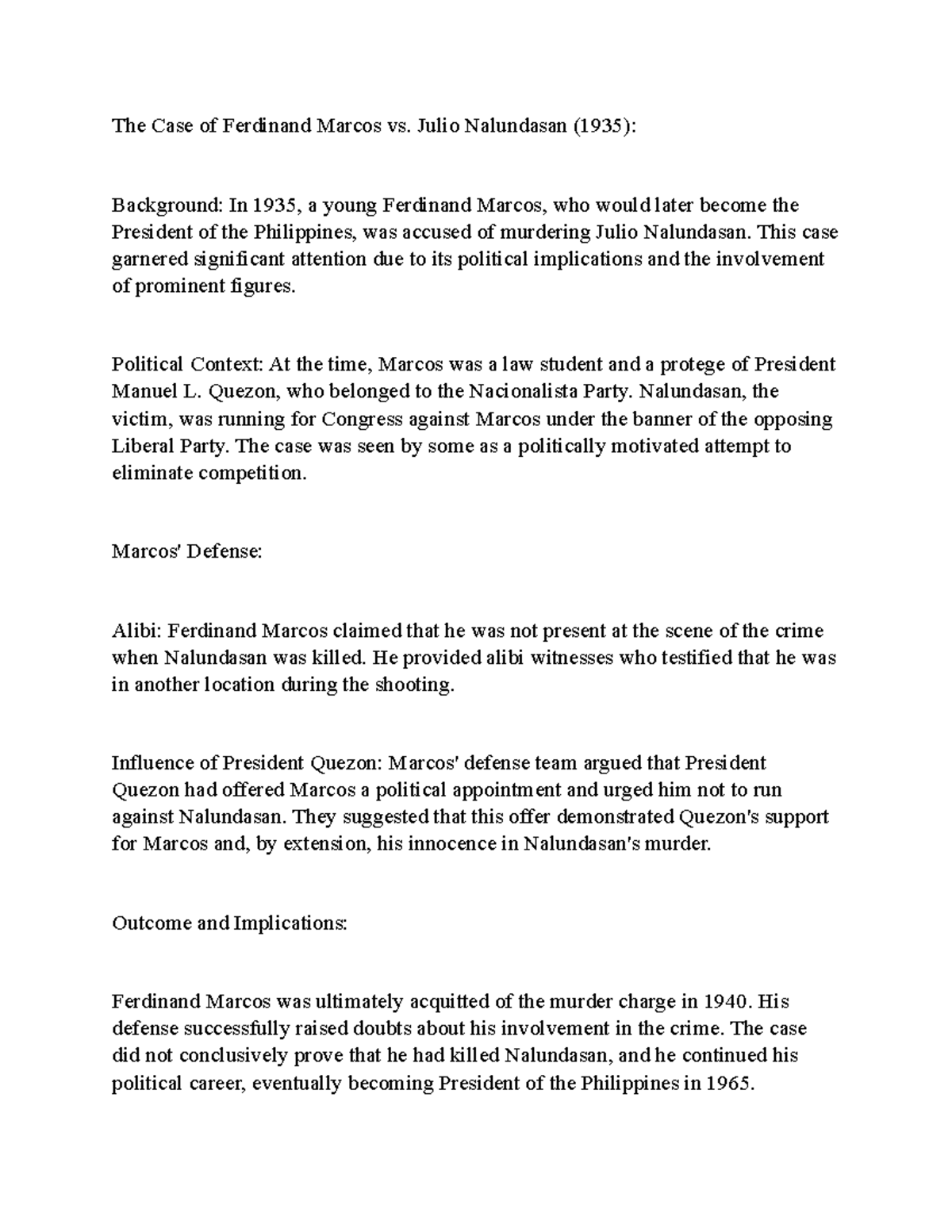 The Case of Ferdinand Marcos vs - Julio Nalundasan (1935): Background ...