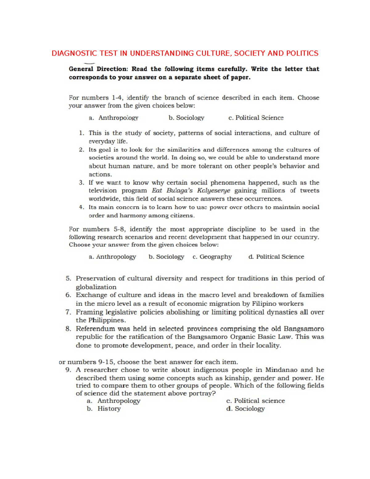 Diagnostic TEST IN Understanding Culture - Media and Information ...