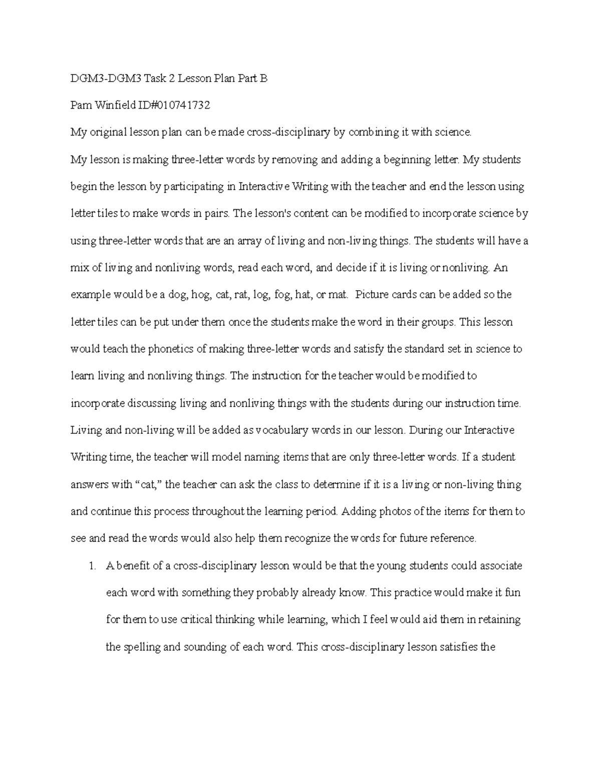 DGM3-DGM3 Task 2 Part B Lesson Plan: Combining Literacy & Science - Studocu