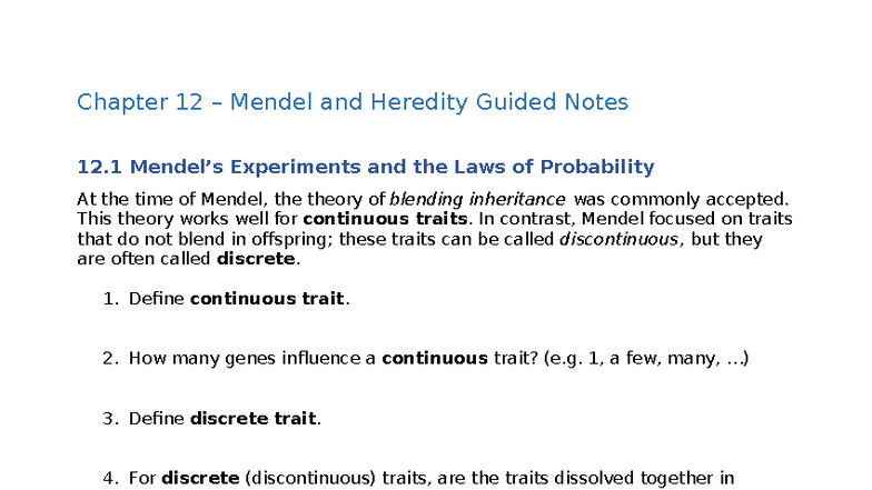 Mendelian Genetics: Chapter 12 Guided Notes on Heredity & Probability ...