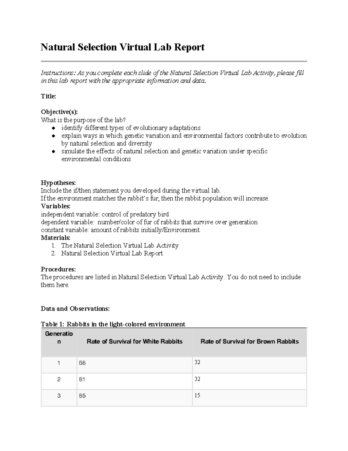 Natural Selection Lab Report - 05 02 Virtual Experiment Analysis - Studocu