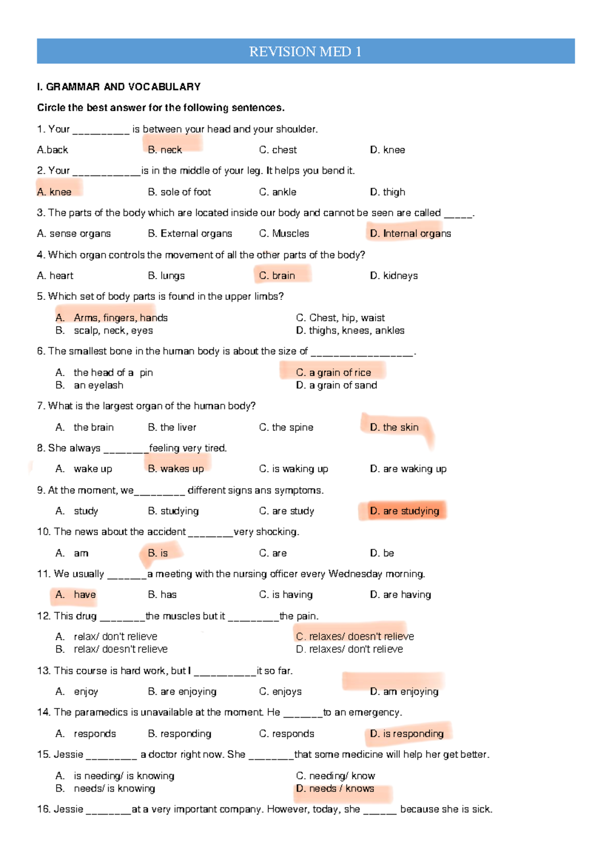 Revision MED 1: Grammar and Vocabulary Practice - Studocu