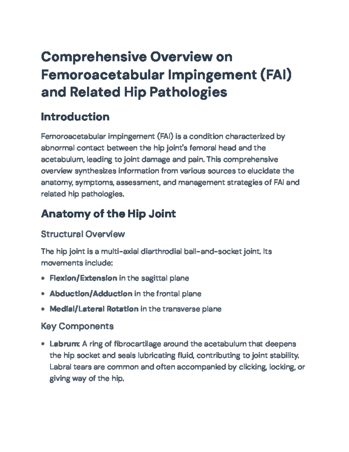Comprehensive Overview of FAI and Related Hip Pathologies - Studocu
