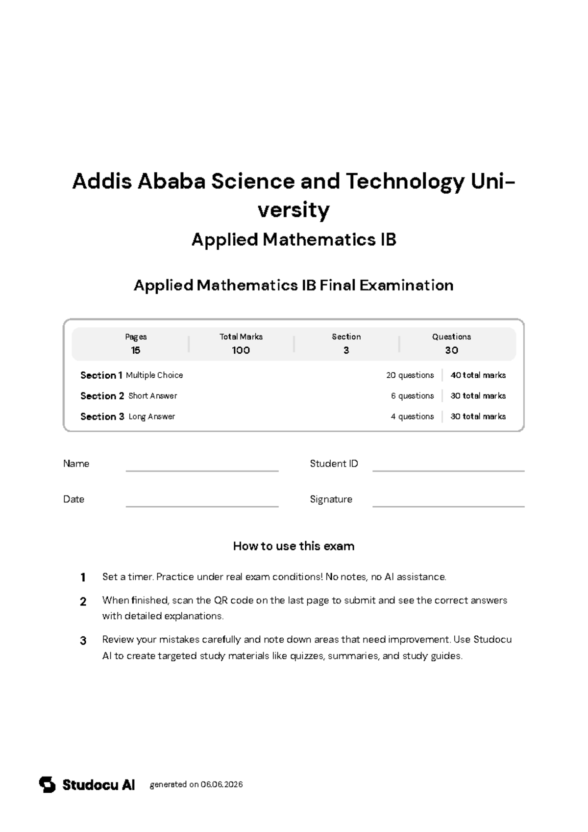 Applied Mathematics IB Final Examination - Studocu