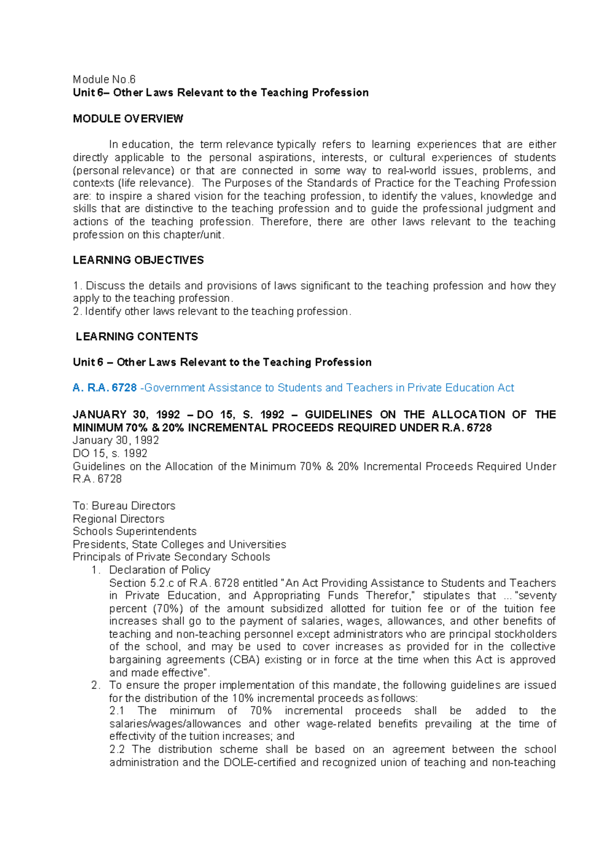Module 6: Insights on Laws Impacting the Teaching Profession - Studocu