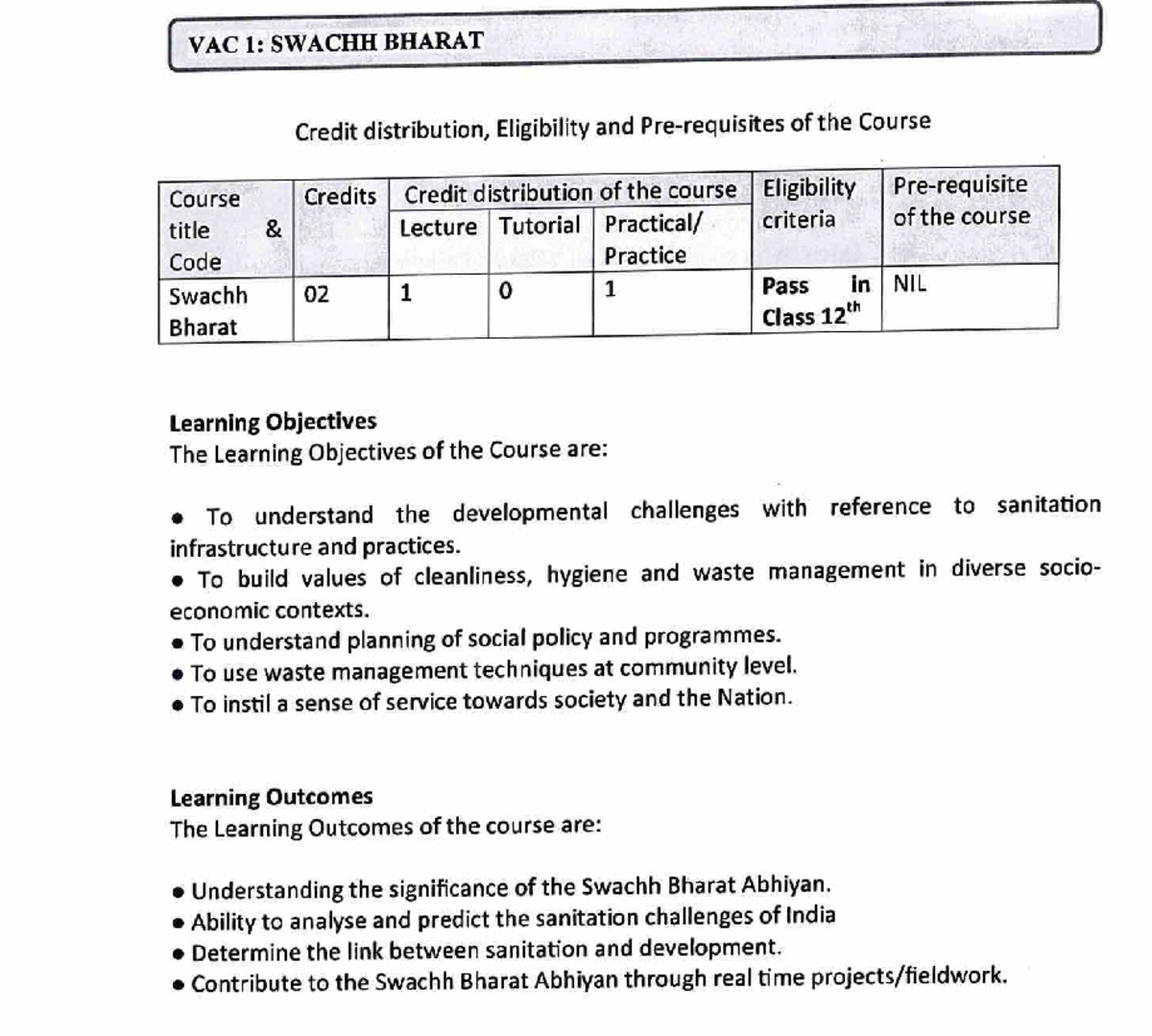 VAC 02: Swachh Bharat Abhiyan Lecture Notes on Credit Distribution ...