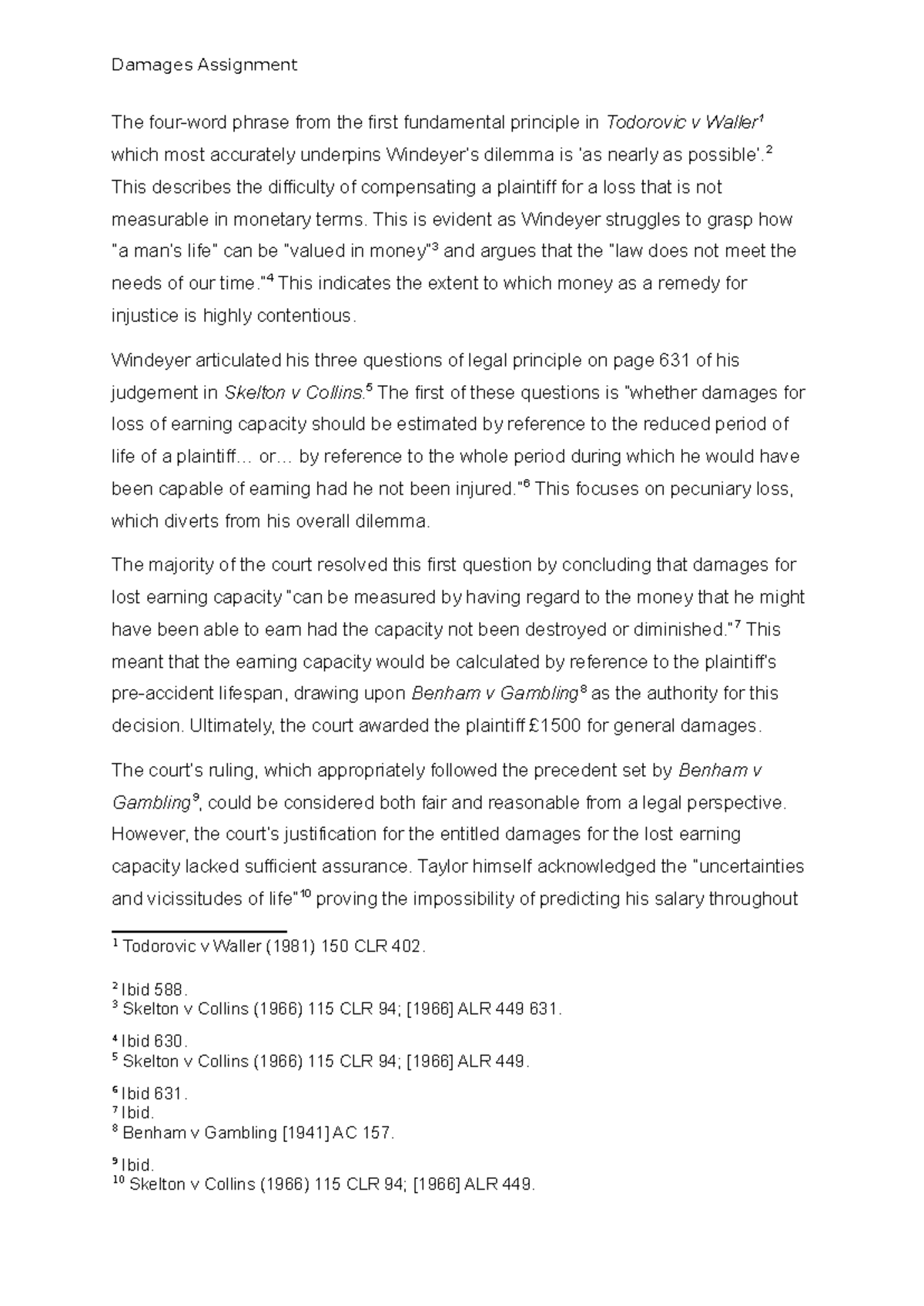 Damages Assignment: Legal Principles in Todorovic v Waller Analysis ...