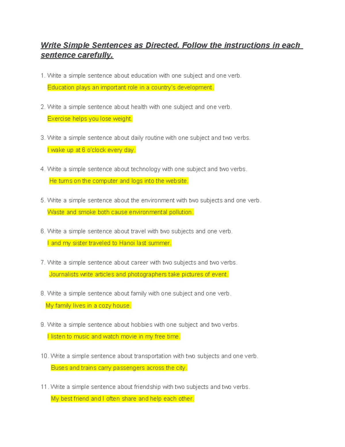 Writing Unit 6: Simple Sentences Practice - Studocu