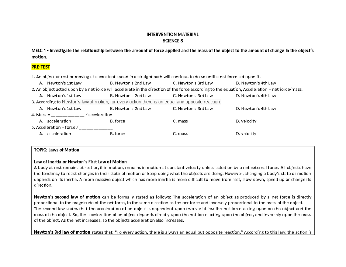 Intervention Material - MELC 1: Exploring Laws of Motion in Science 8 ...
