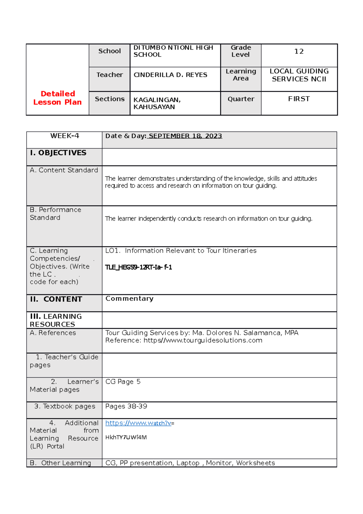 Q1-W4-DLP LGS - Q1-Week 4 Local guiding services detailed plan ...