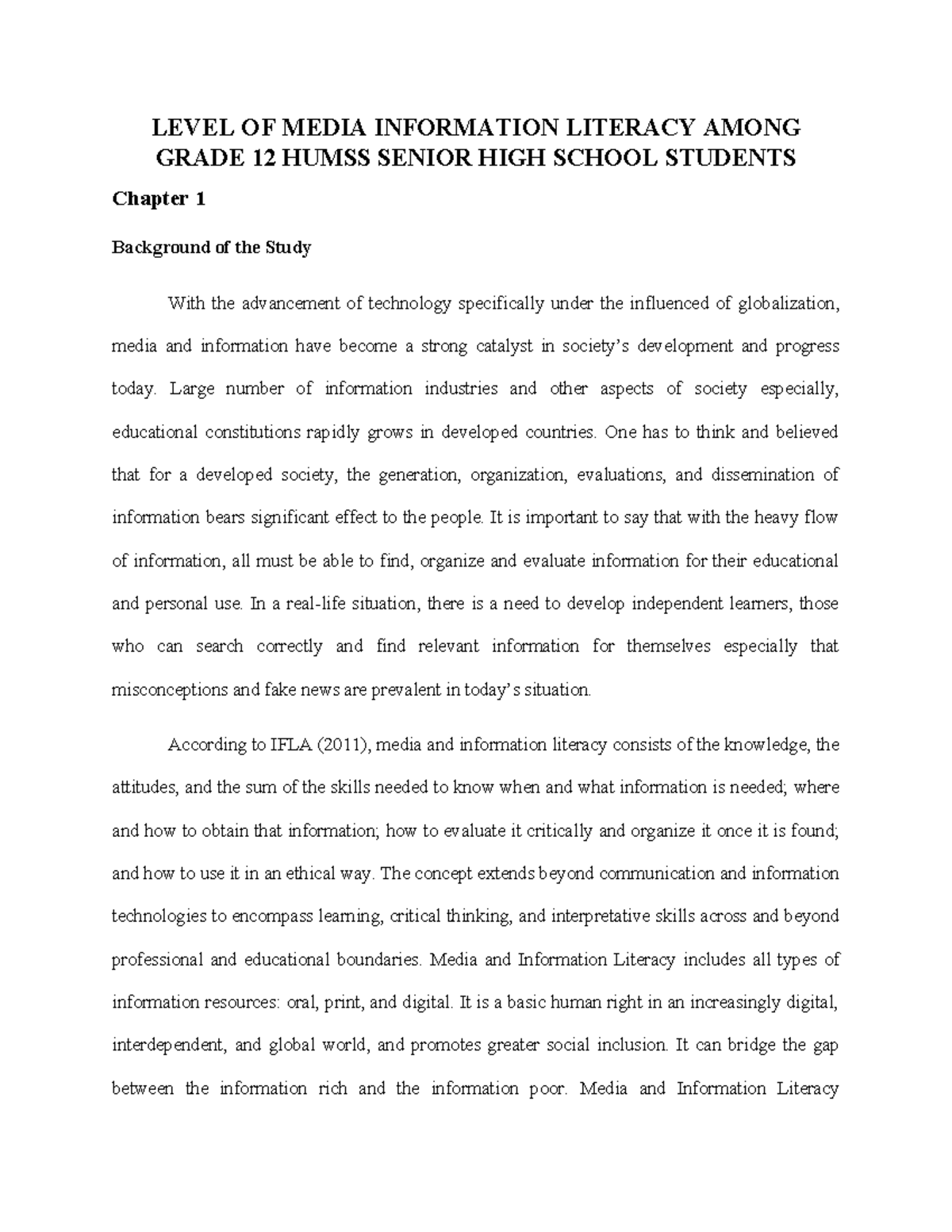 Media and Information Literacy Level Among Grade 12 HUMSS Students ...