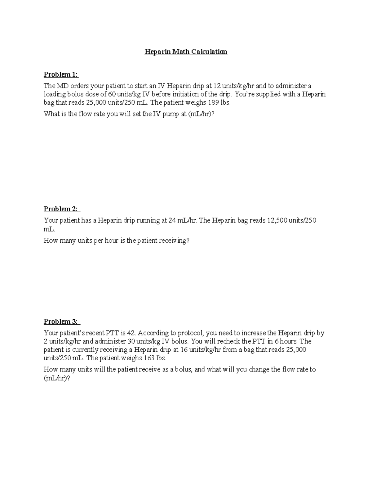 Heparin Math Calculations & Answers for Nursing Course (NUR 101) - Studocu